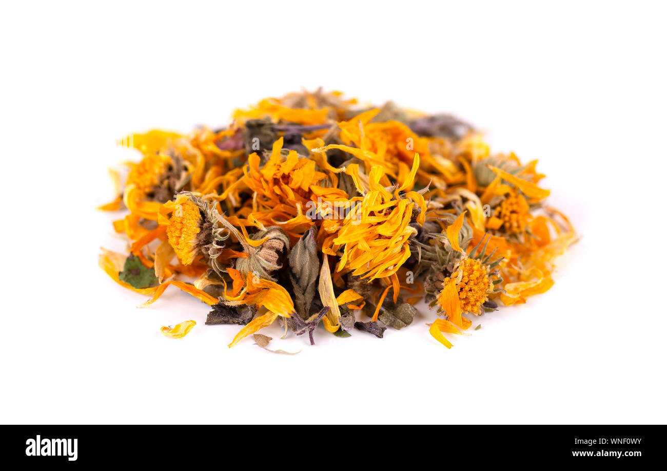 Dried calendula flowers isolated on white background Stock Photo - Alamy