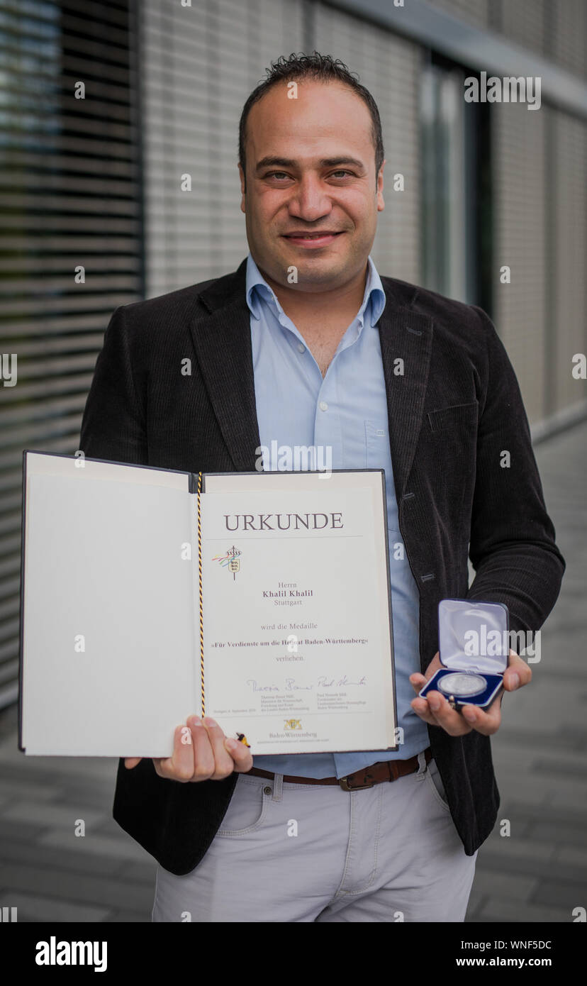 Winnenden, Germany. 06th Sep, 2019. Khalil Khalil holds his award in ...