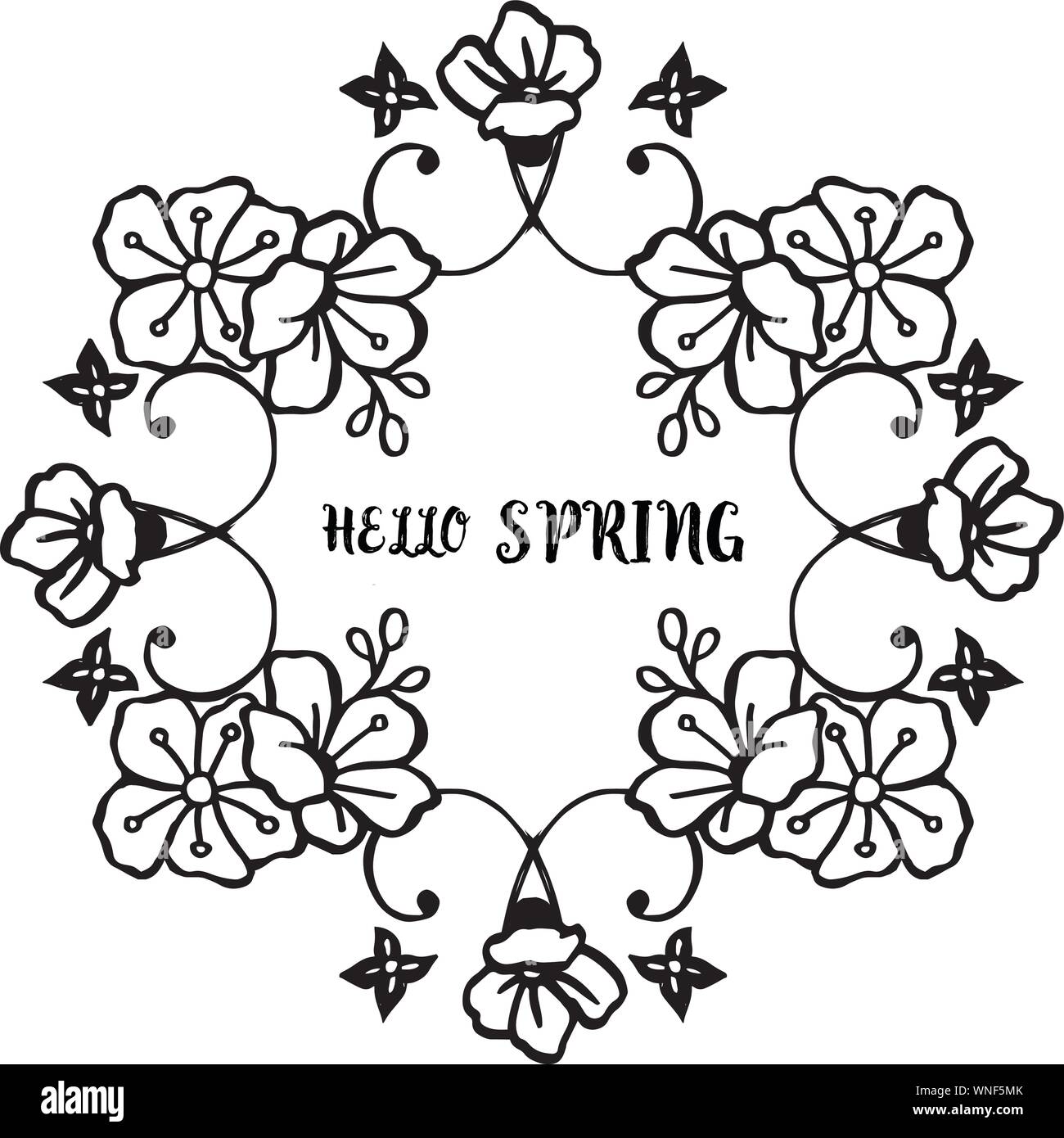 Lettering card design hello spring, with leaf flower frame on white ...