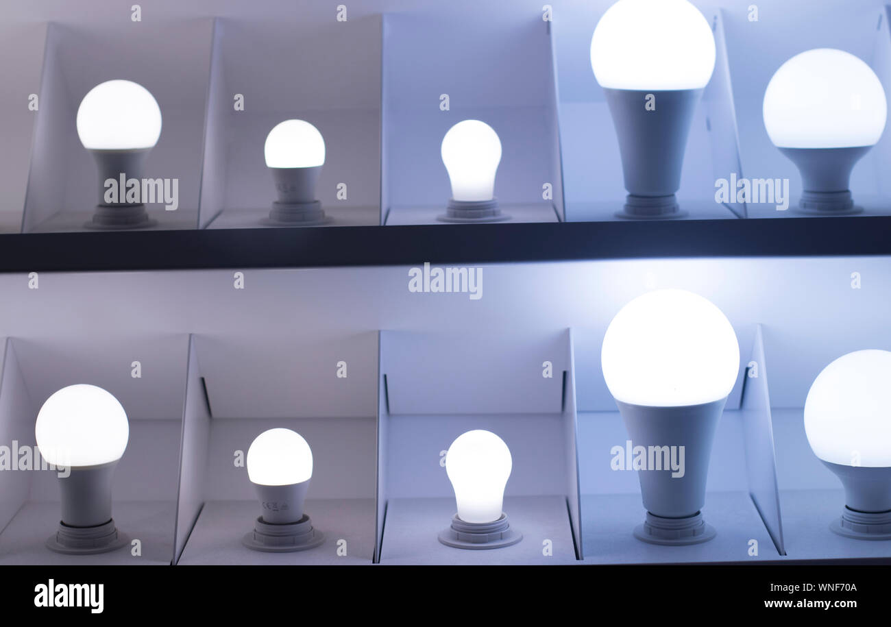 LED modern lights and bulbs on display in store lighting department ...