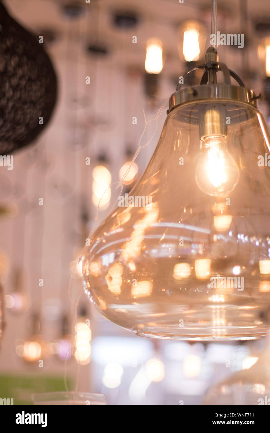 LED modern lights and bulbs on display in store lighting department ...
