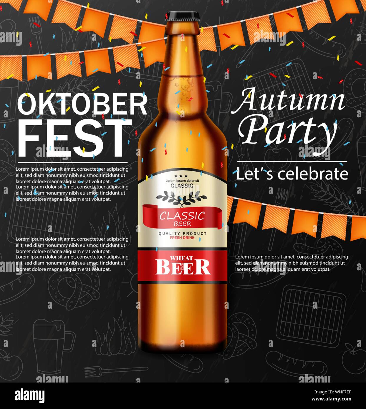October fest poster Vector realistic. Beer, pretzel, grill sausage food ...