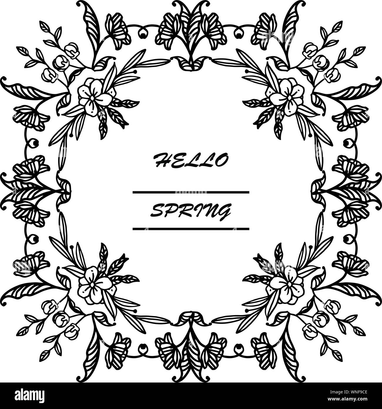 Hello spring background with hand drawn leaf floral frame. Vector Stock ...