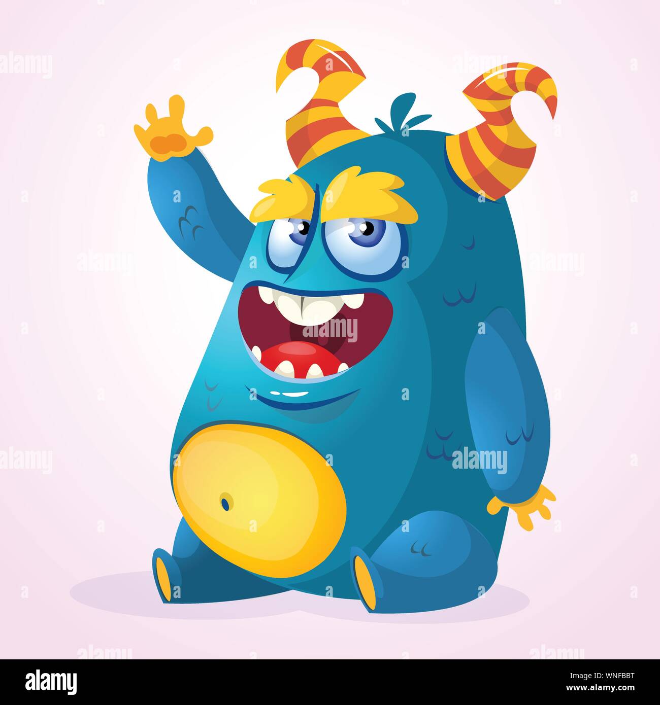 Happy cartoon monster. Halloween vector horned fat monster sitting and ...
