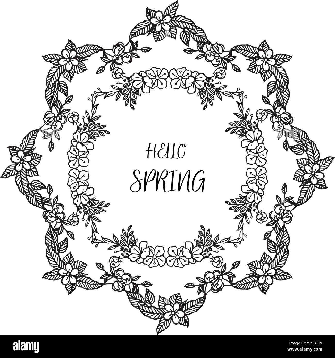 Lettering of hello spring, with leaf floral frame on white background ...