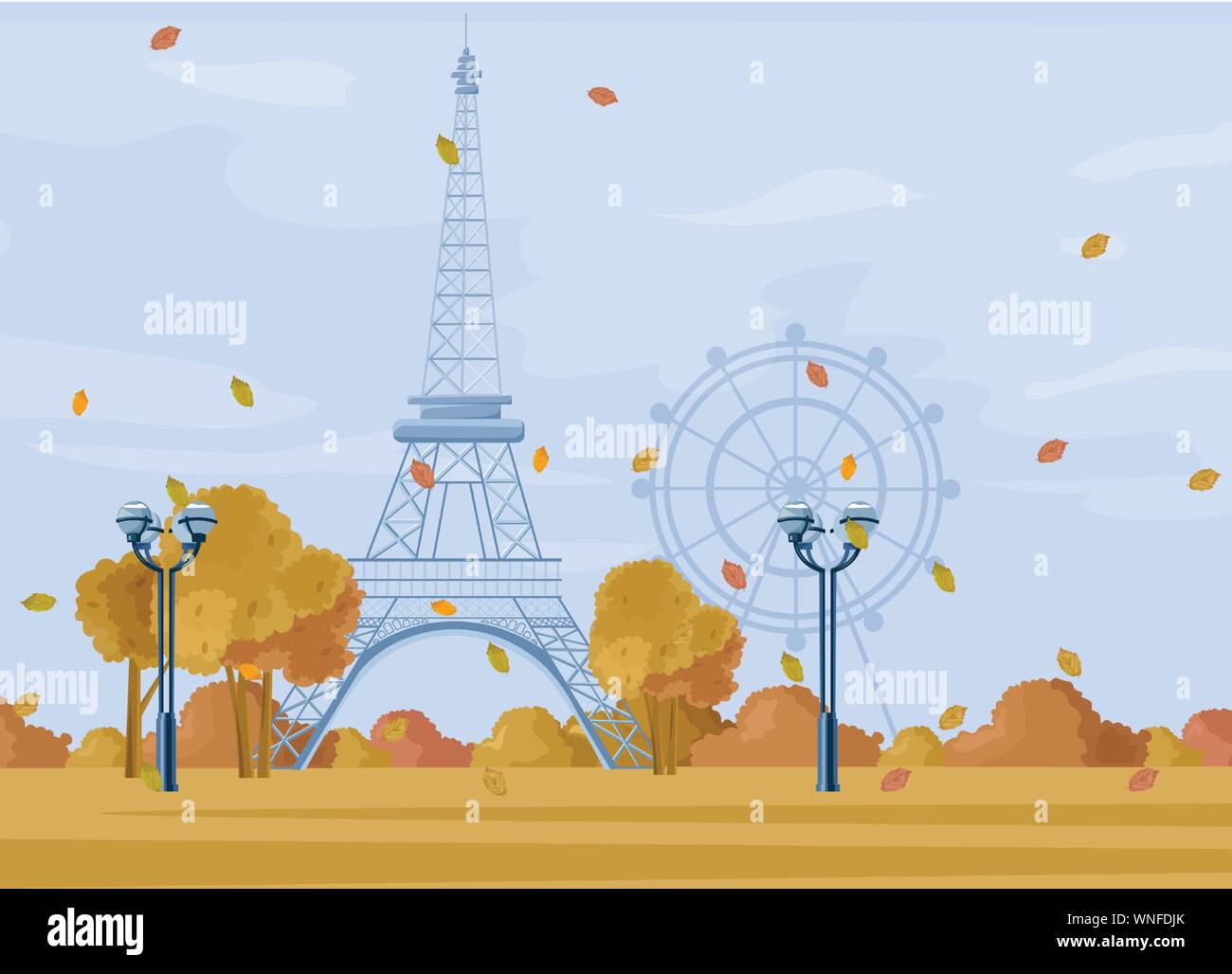 Paris Autumn season park Vector. Fall poster cityscape. Eiffel Tower ...