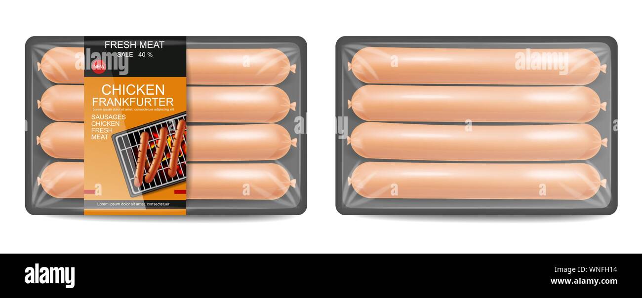Sausage pack Vector realistic. Product placement label design. Uncooked ...