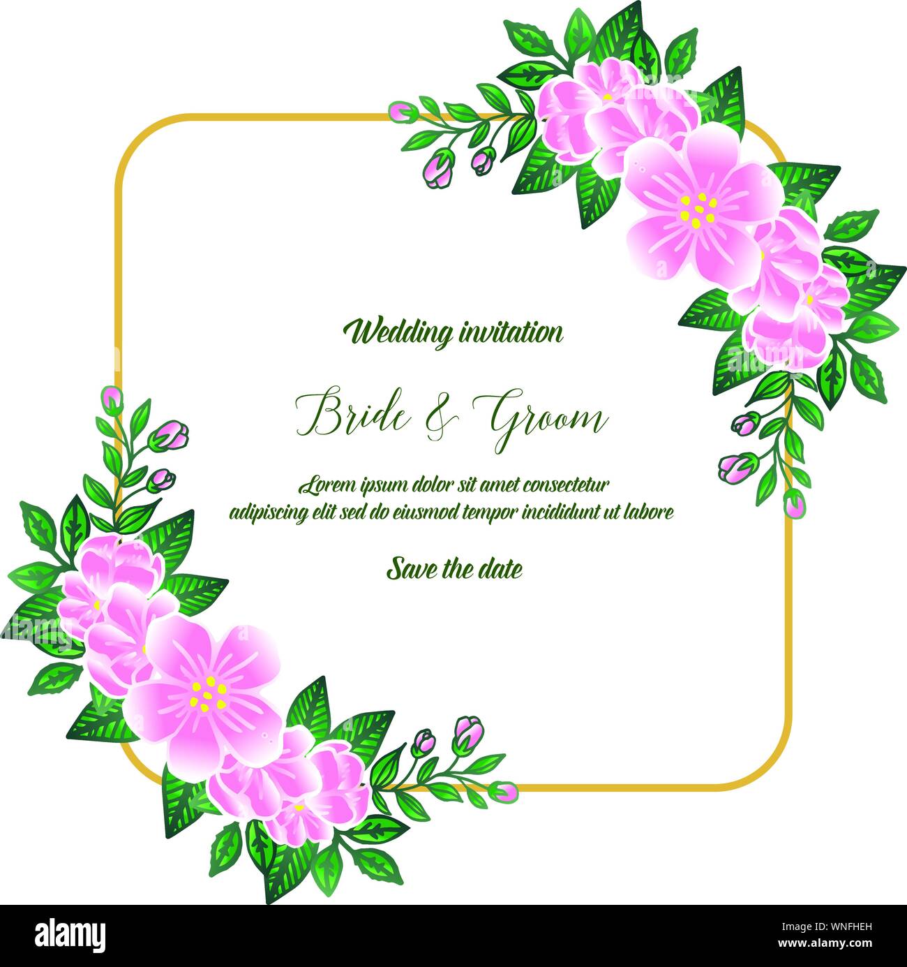 Design elegant card bride and groom, vintage frame with cute pink ...