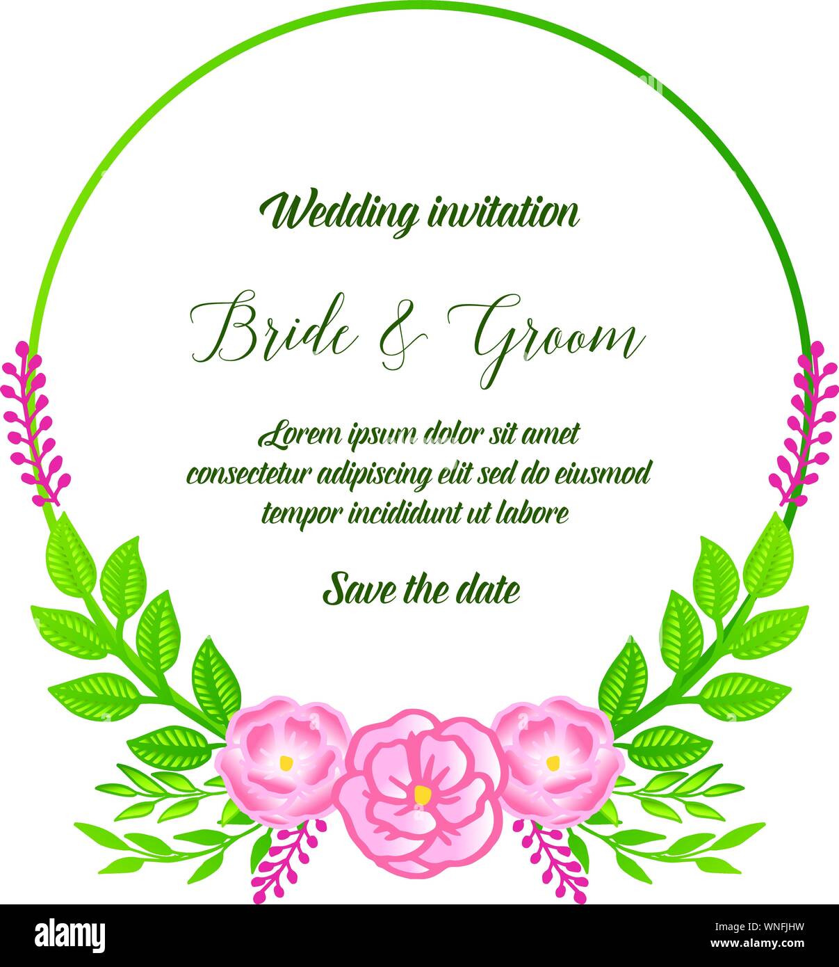 Bride and groom invitation card with pink rose flower frame over white ...