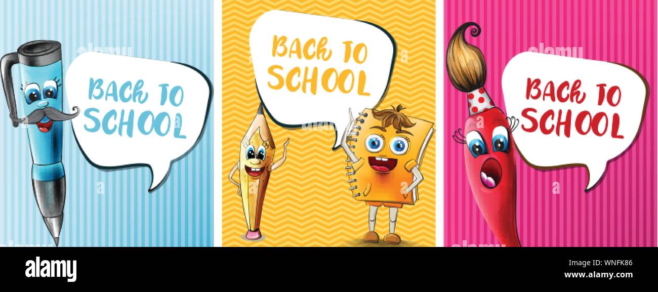 Back to school comics cartoon characters Vector. Notebook pen and ruler ...