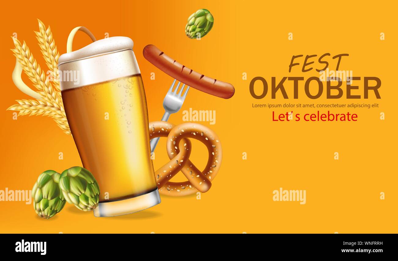 Beer mugs banner October fest Vector realistic. Fresh sparkling beer ...