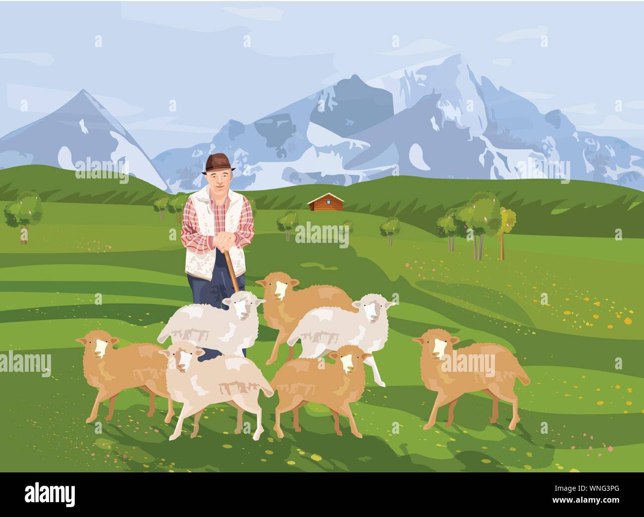 Old farmer sheep Vector. Landscape background mountains view Stock ...