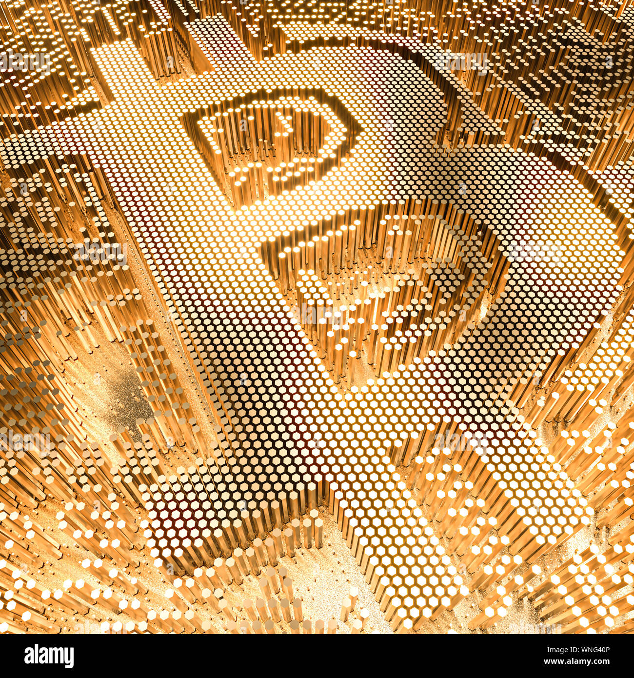 3d render image of a gold colored bitcoin symbol composed of hexagonal ...