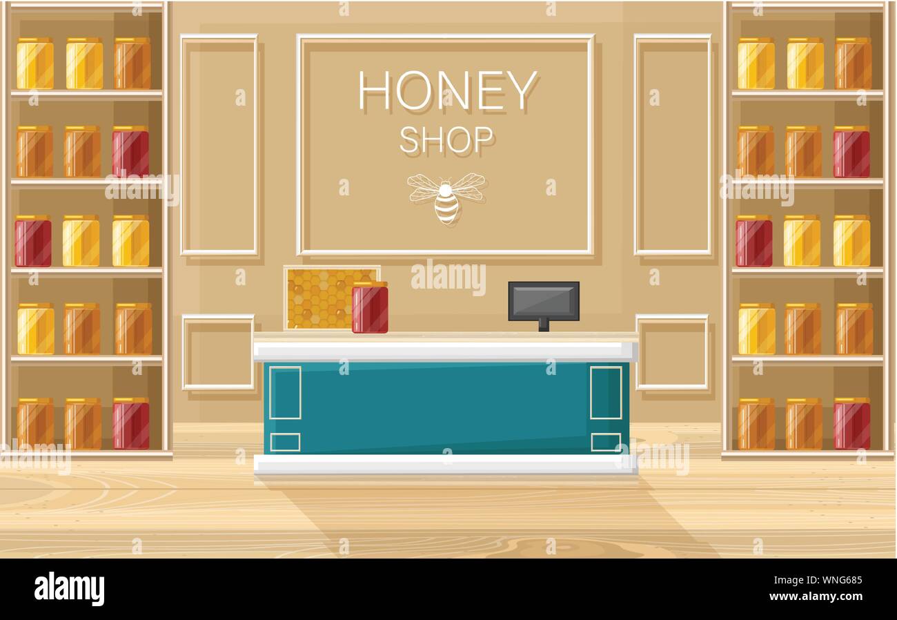 Honey shop Vector flat style. Store shelves with honey bottles template ...