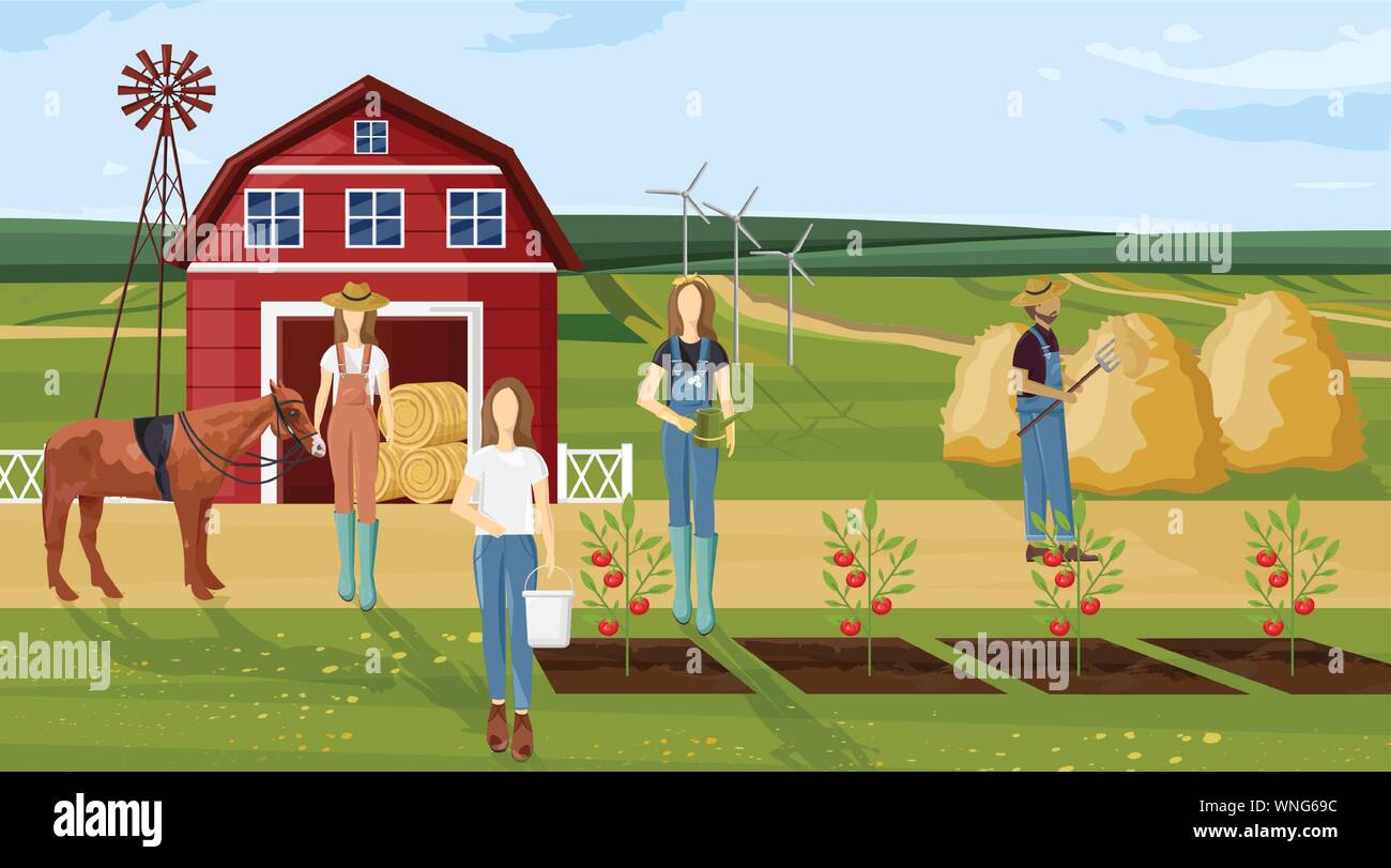 Farm working Vector. Farmers collecting harvest, growing plants and ...