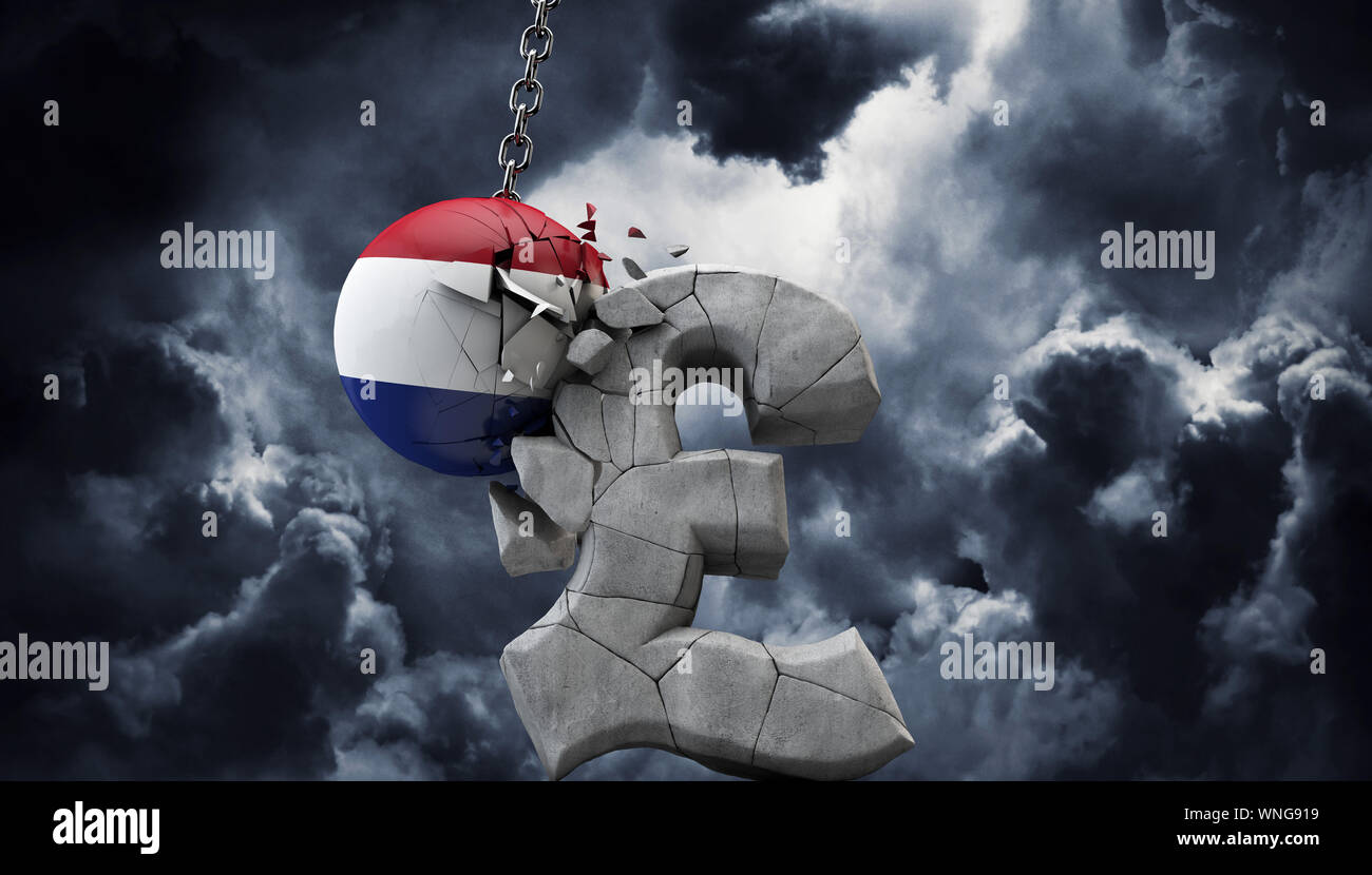 Netherlands ball smashing a pound sterling symbol. UK economy. 3D ...