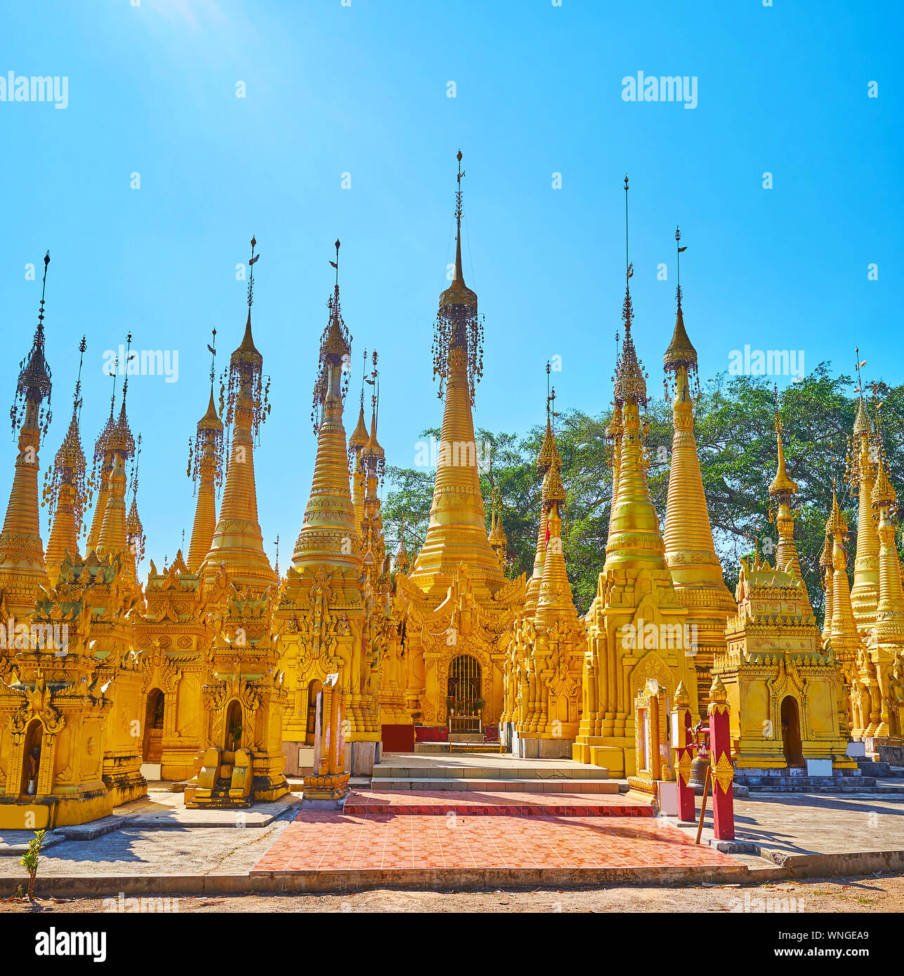 Traditional Burmese architecture of Hang Si monastery with many gilt ...