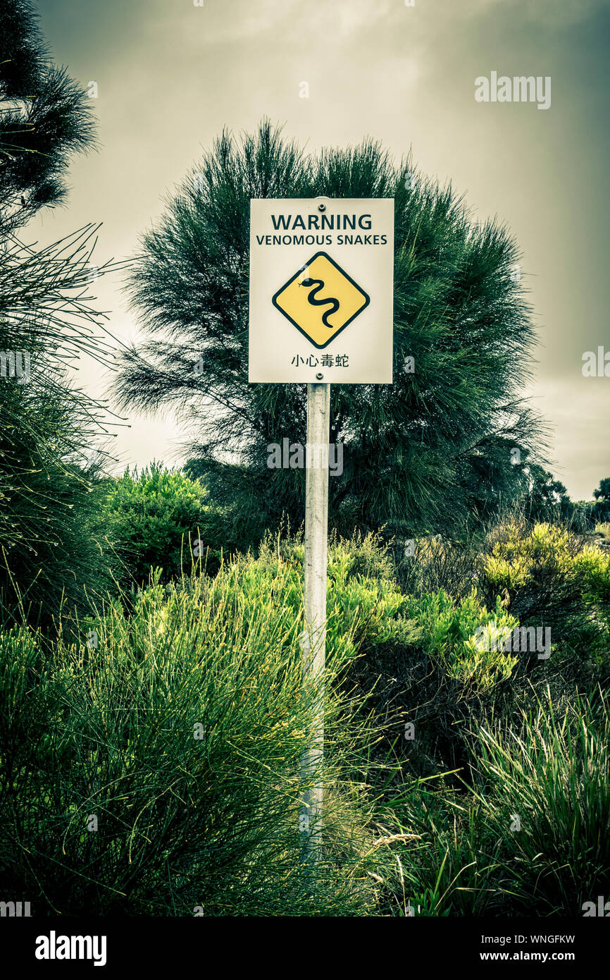 Warning venomous snakes sign in bushes Stock Photo - Alamy