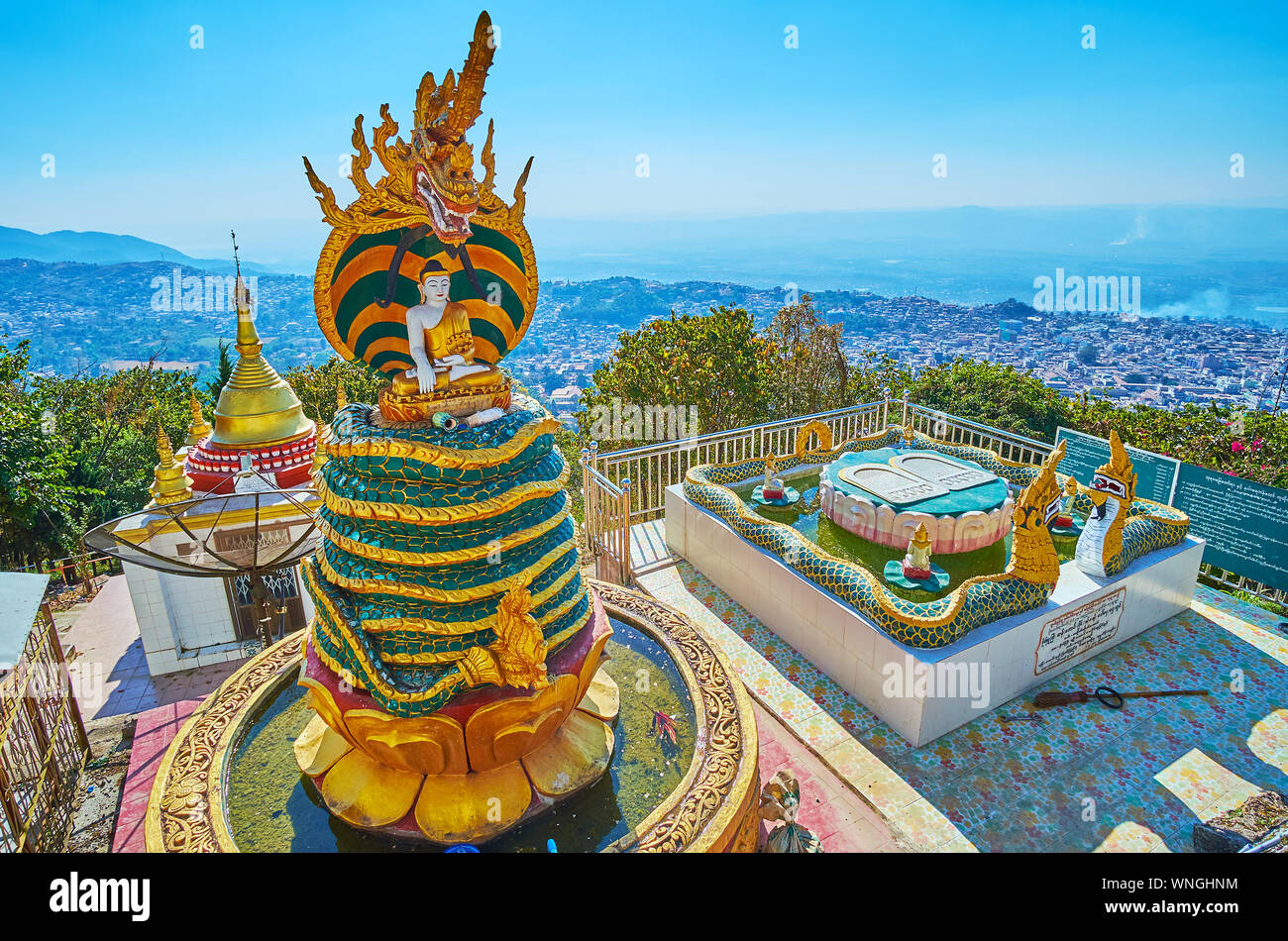 TAUNGGYI, MYANMAR - FEBRUARY 20, 2019: Shrines of Naga Raja Buddha and ...
