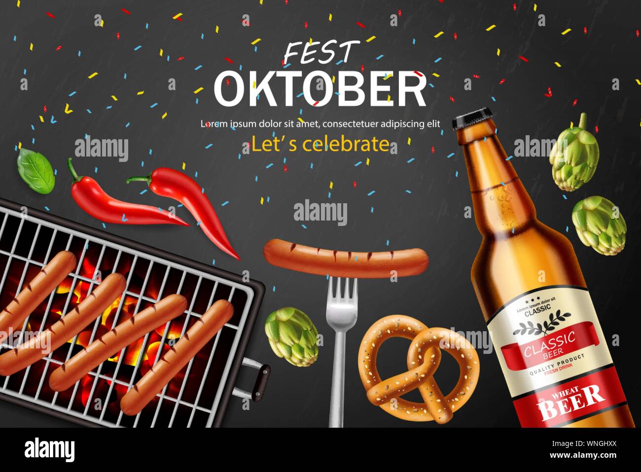 October fest poster Vector realistic. Beer, pretzel, grill sausage food ...