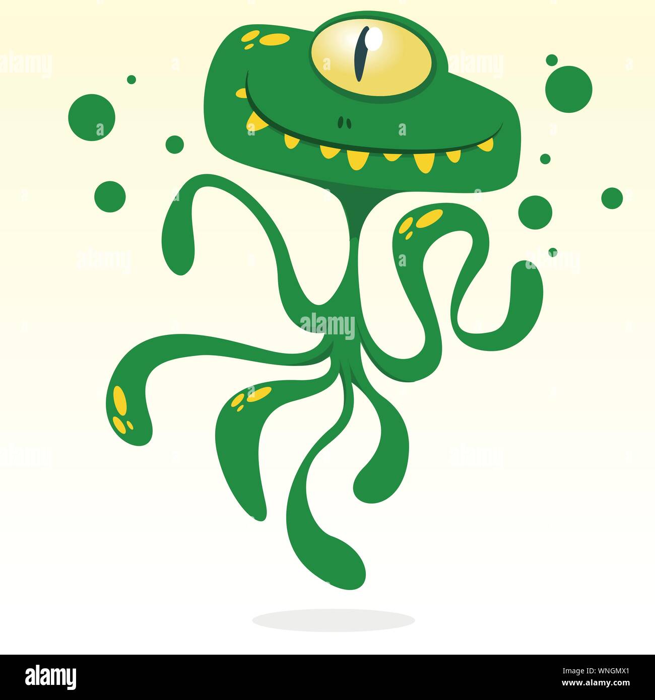 Happy cartoon octopus. Vector Halloween green monster with one eye and ...