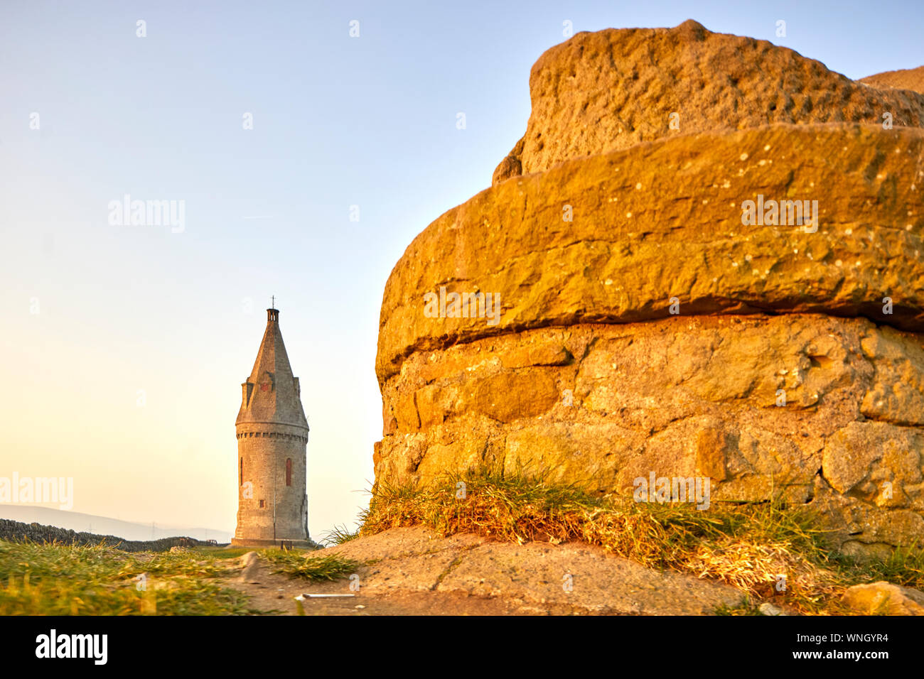 Tameside landmarks, circular Hartshead Pike Tower Grade II listed ...