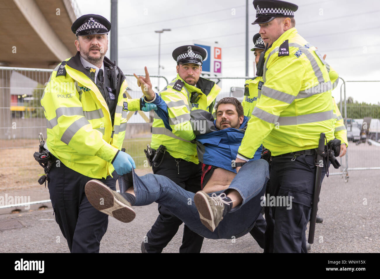 Excel Centre, London, UK. 6th Sept 2019. Four protesters are locked ...