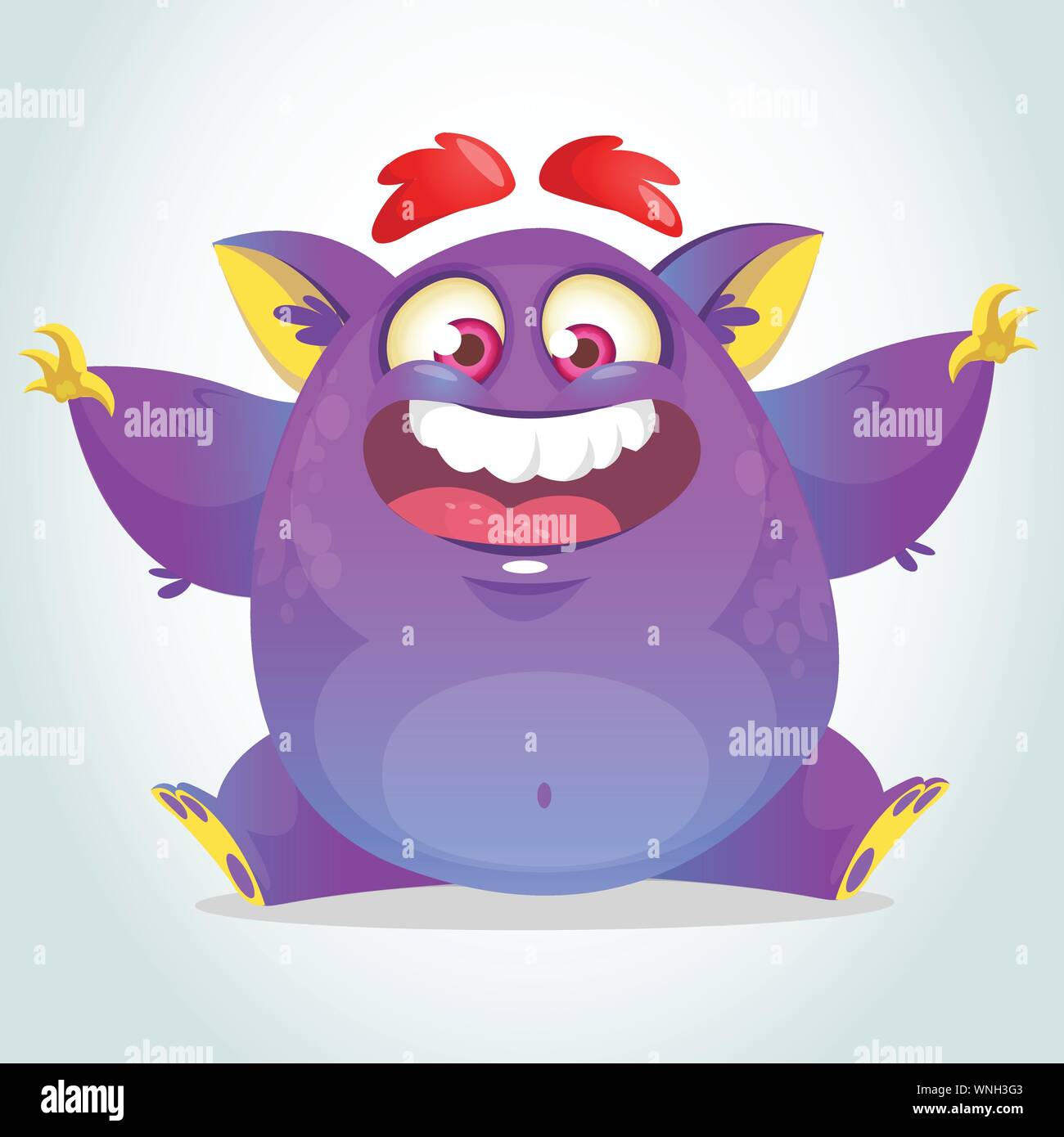 Happy cartoon monster. Halloween vector fat purple monster sitting ...