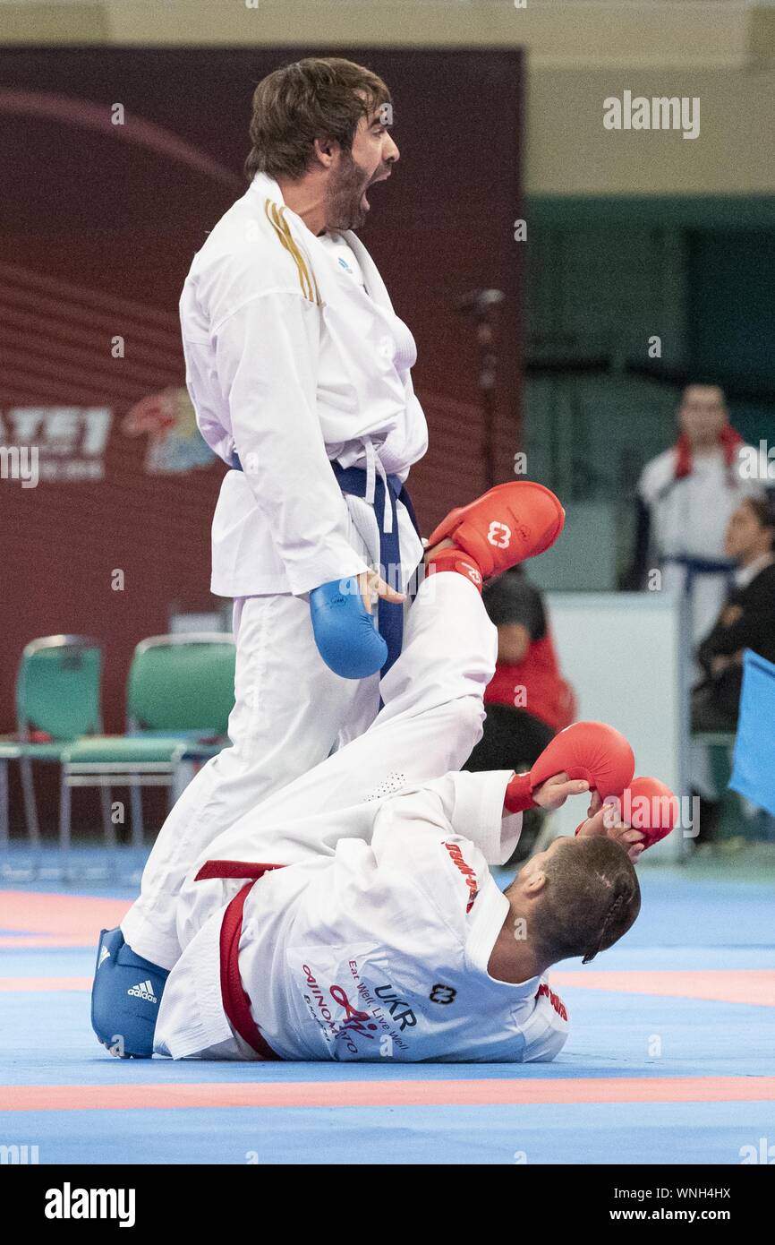 Tokyo, Japan. 6th Sep, 2019. Rafael Aghayev of Azerbaijan (blue) fights ...