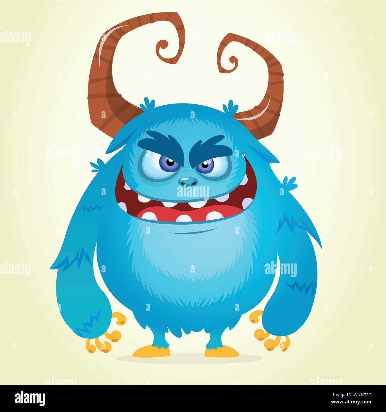 Angry cartoon monster. Halloween vector blue and horned monster Stock ...