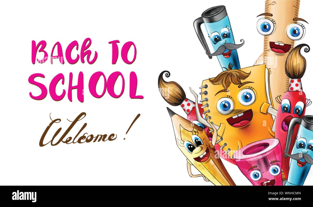 Back to school cartoon characters Vector watercolor. School supplies ...
