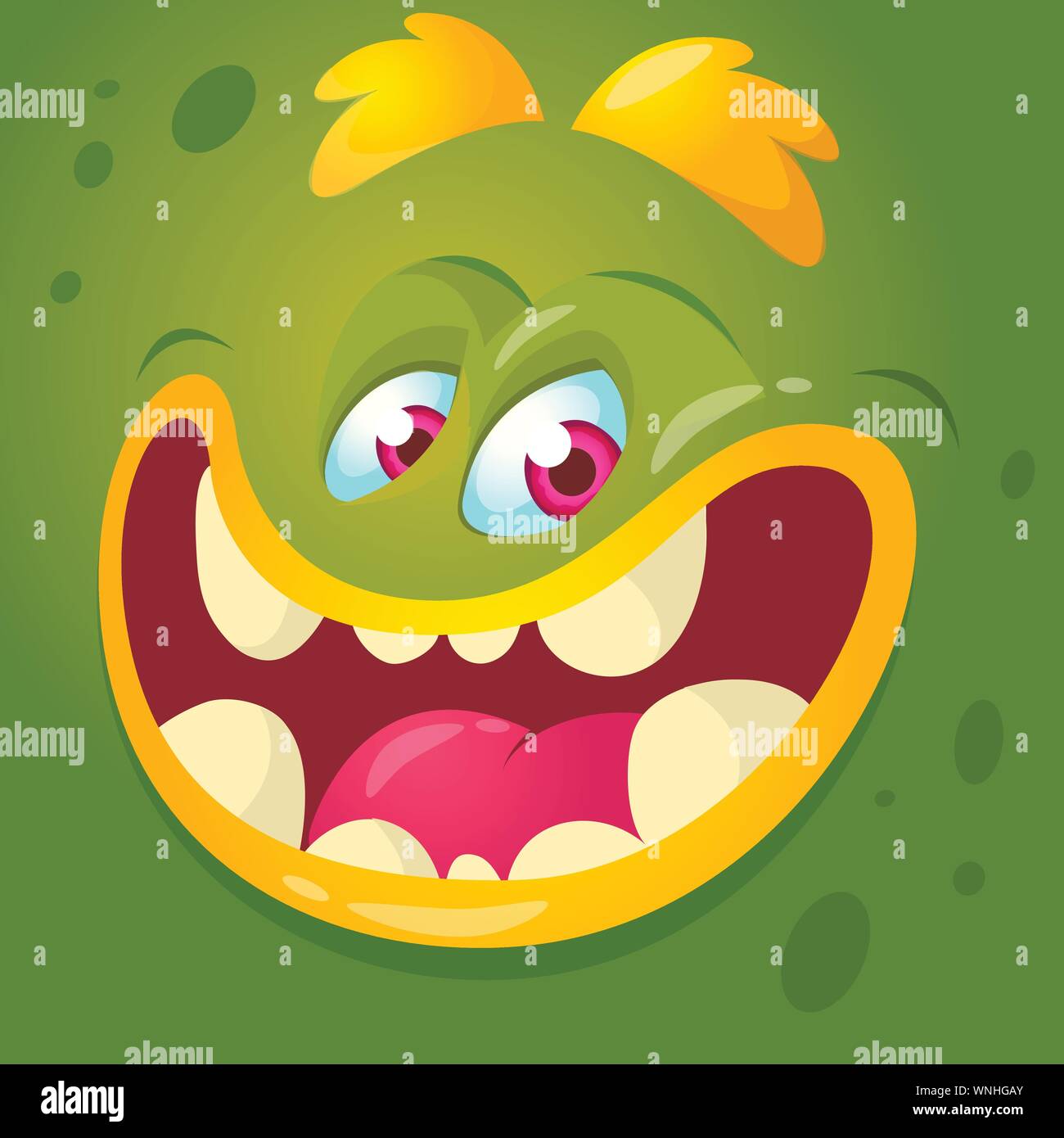 Cartoon monster face. Vector Halloween green monster avatar with wide ...