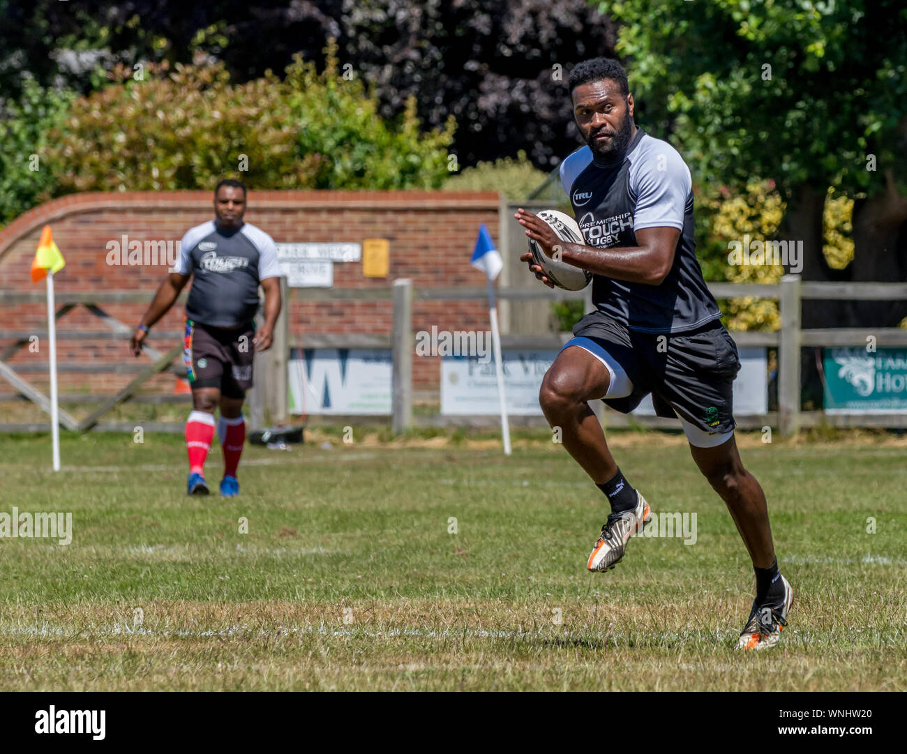 Amateur rugby touch player (male, 40-50 y) runs forwards with rugby ...