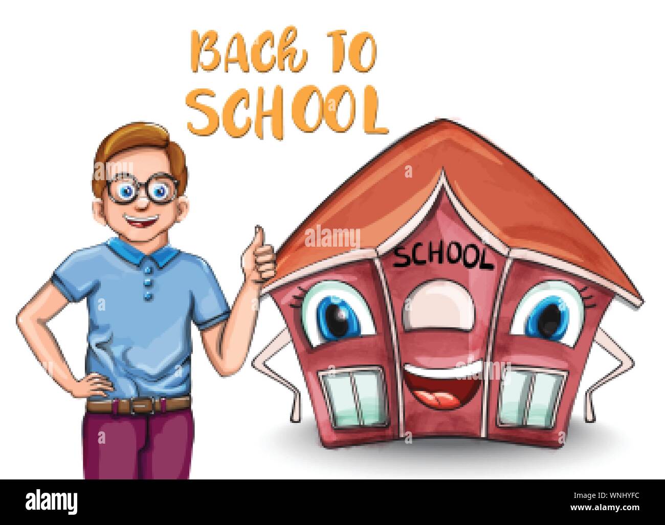 Happy Kid and cartoon house back to school concept Vector. Cartoon ...