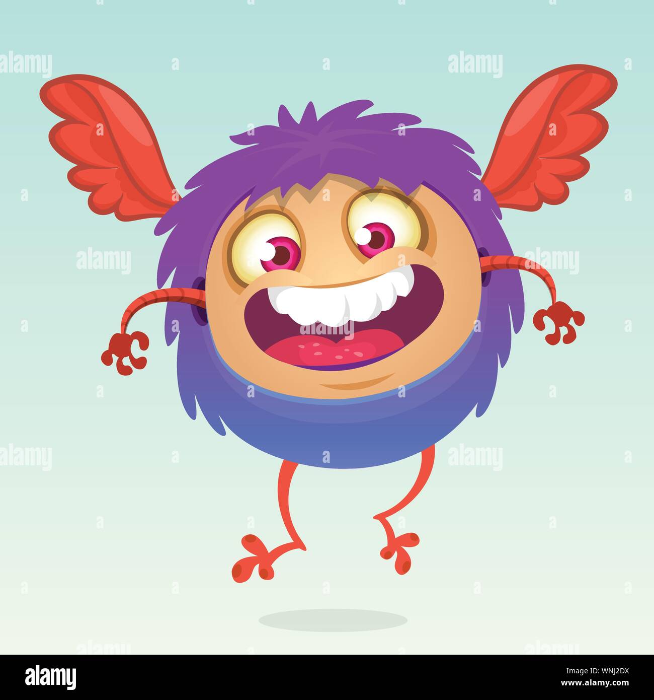 Happy cartoon flying monster. Halloween vector fluffy purple monster ...