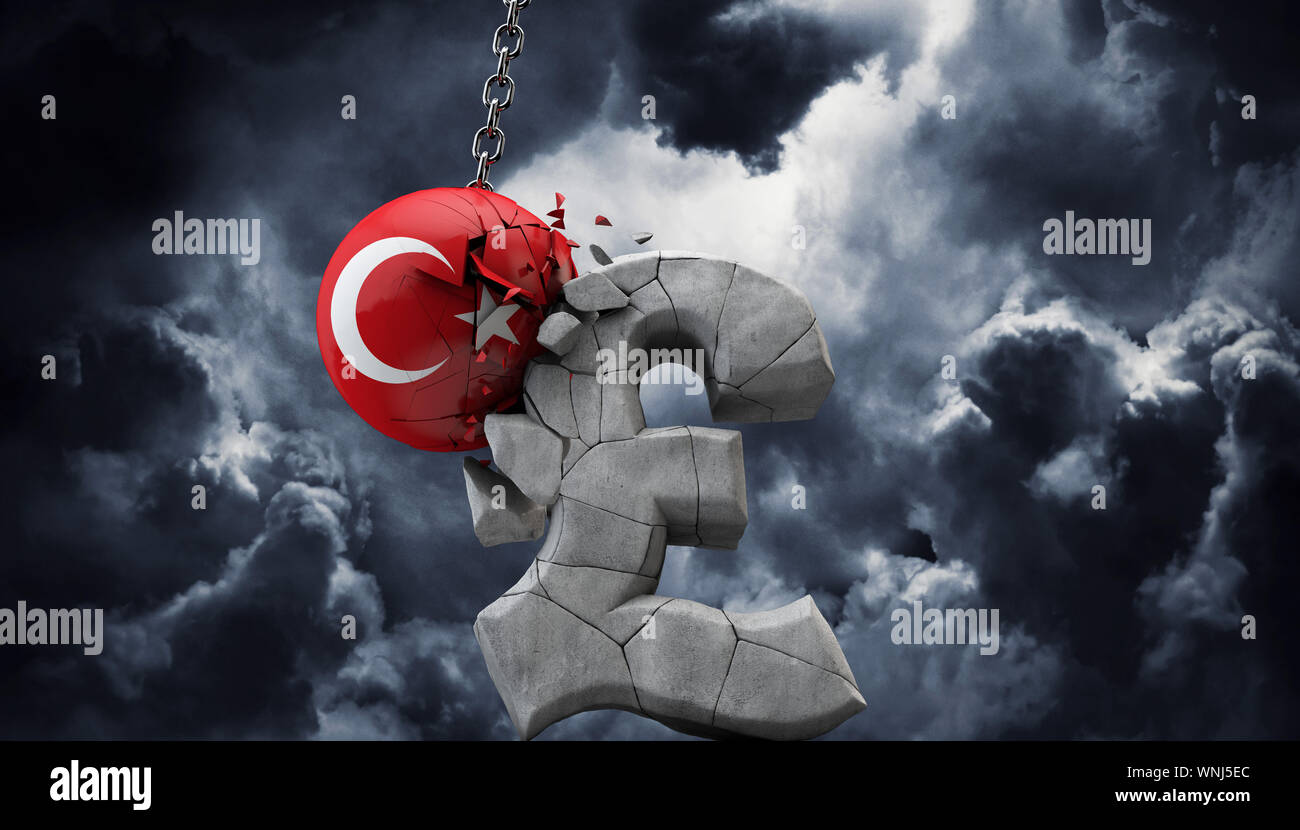 Turkey ball smashing a pound sterling symbol. UK economy. 3D Render ...