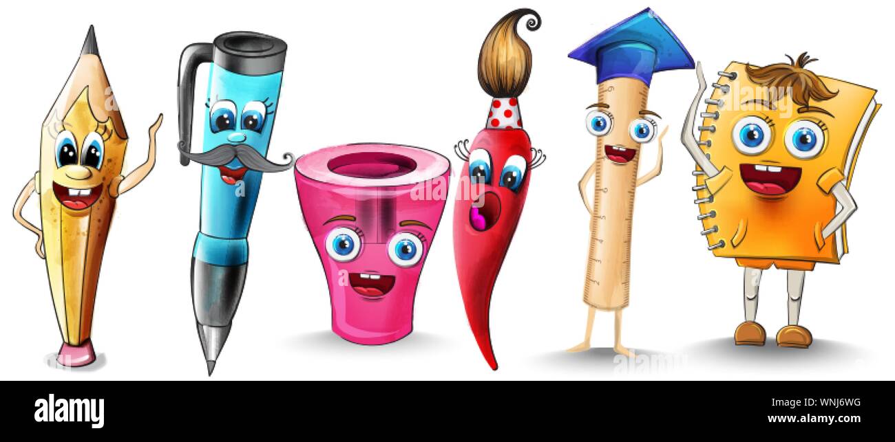 Back to school set collection cartoon characters Vector. Notebook pen ...