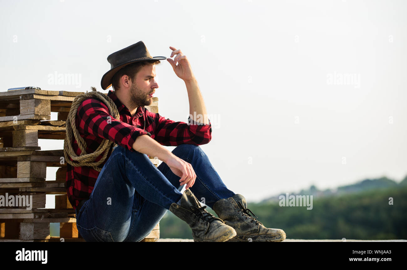 Farmer enjoy view from his farm. Peaceful mood. Watching sunset. Farmer ...