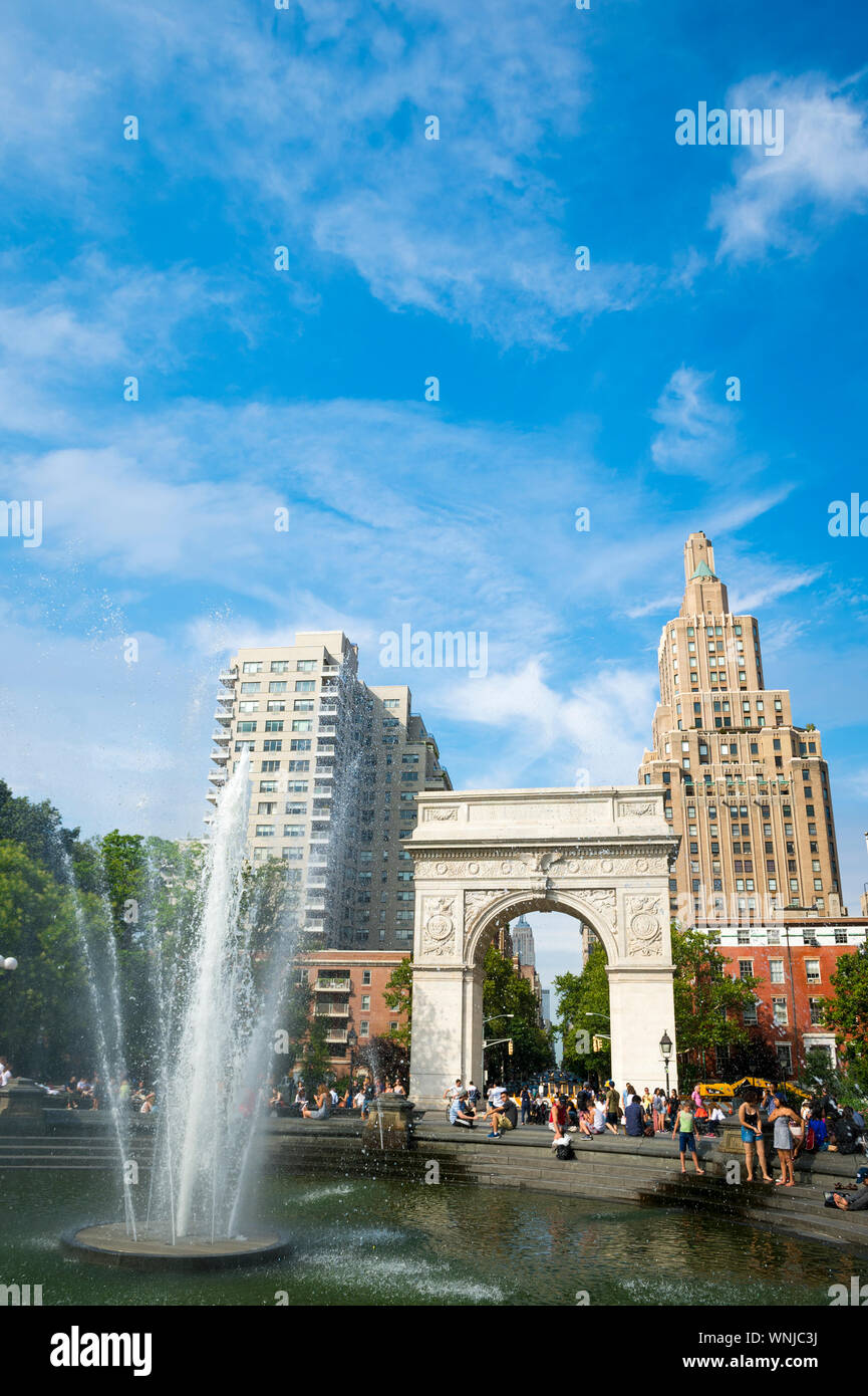 NEW YORK CITY - AUGUST 15, 2017: People cool off on a hot summer day at ...