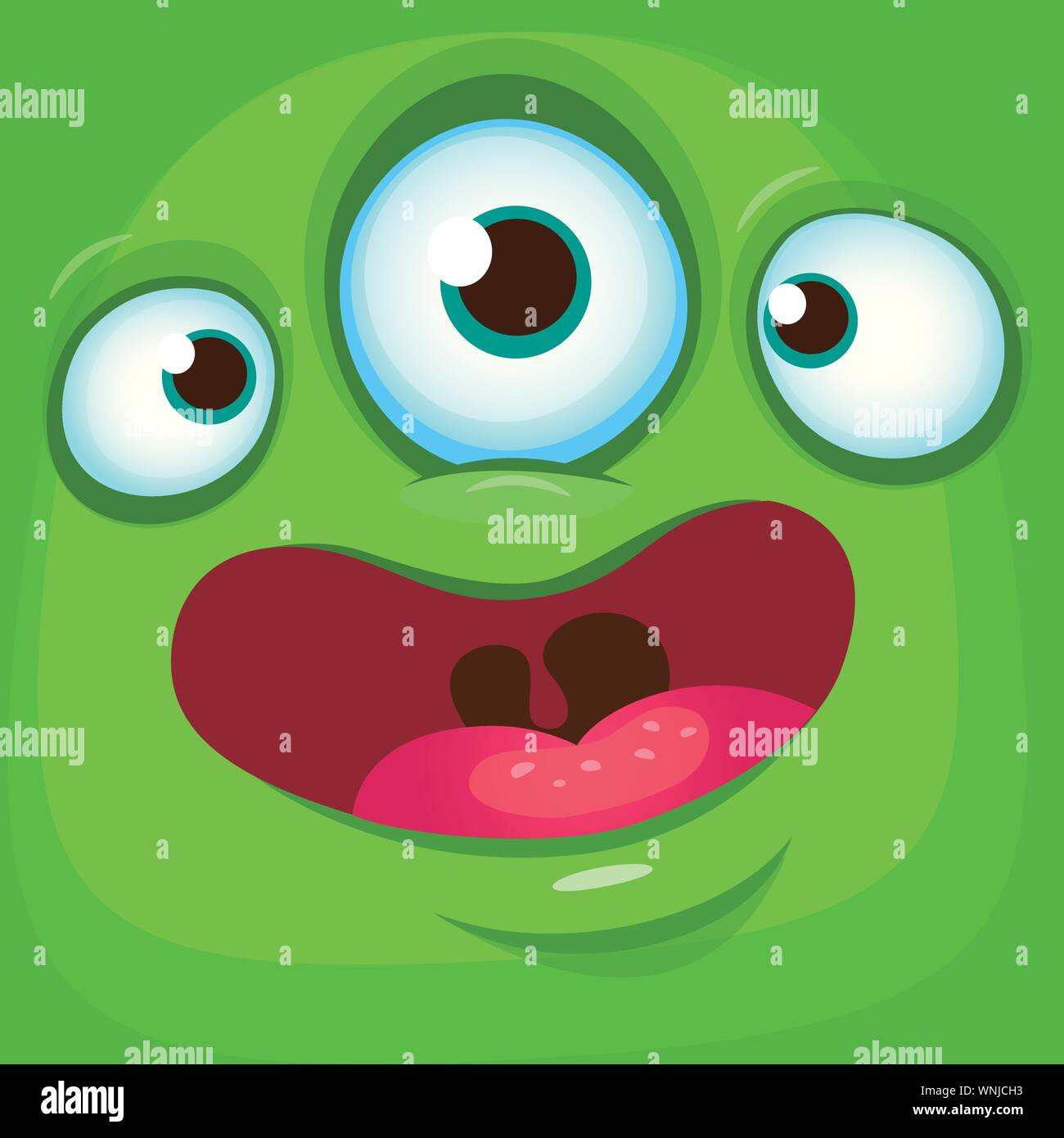 Cartoon monster face. Vector Halloween green monster avatar with three ...