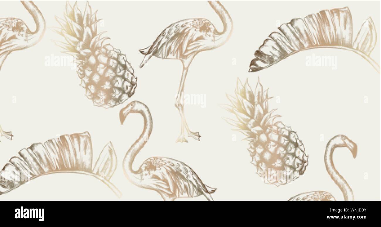 Tropic vintage card with flamingo and pineapple Vector. Retro extotic ...