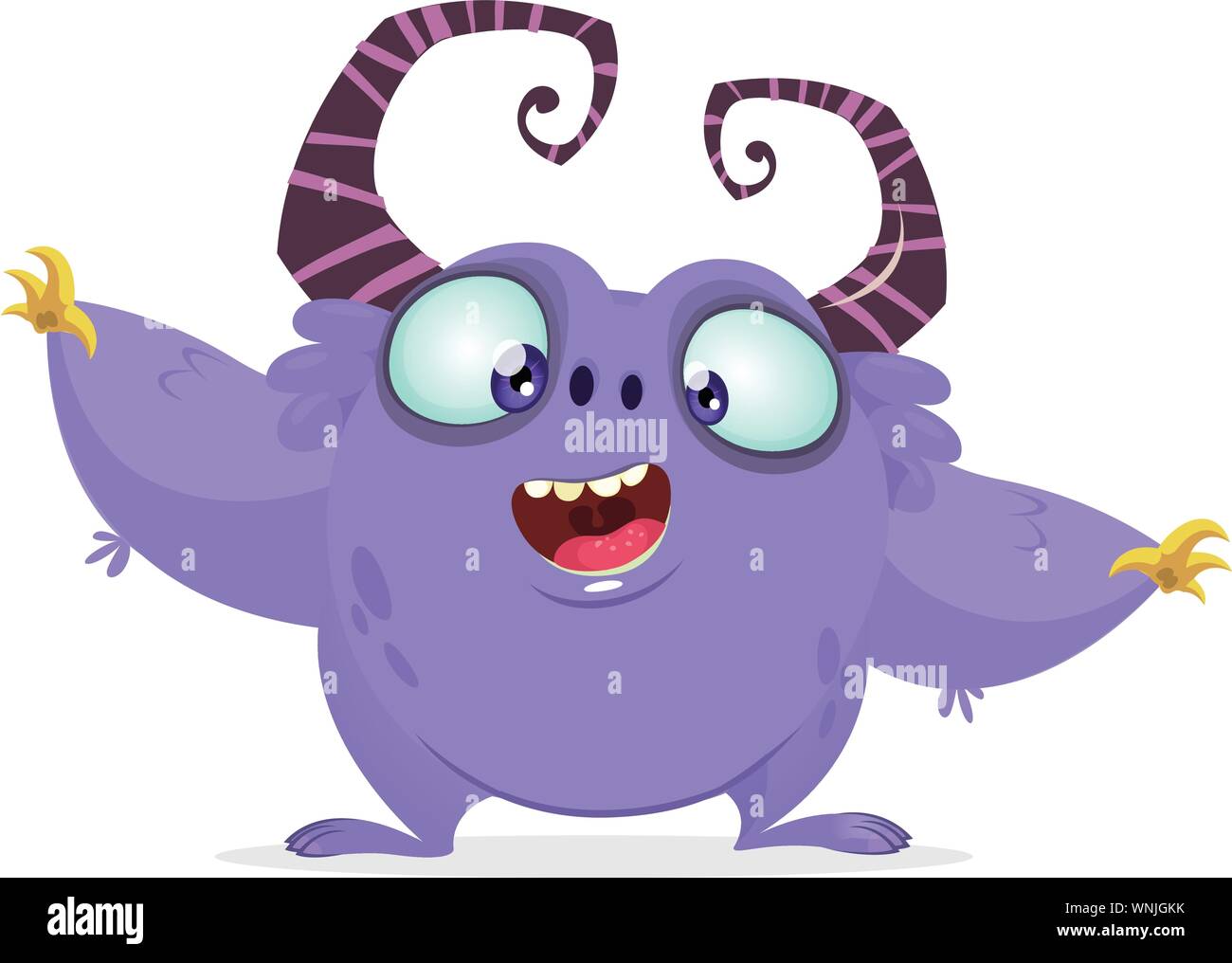 Vector cartoon purple monster with big horns. Halloween furry violet ...