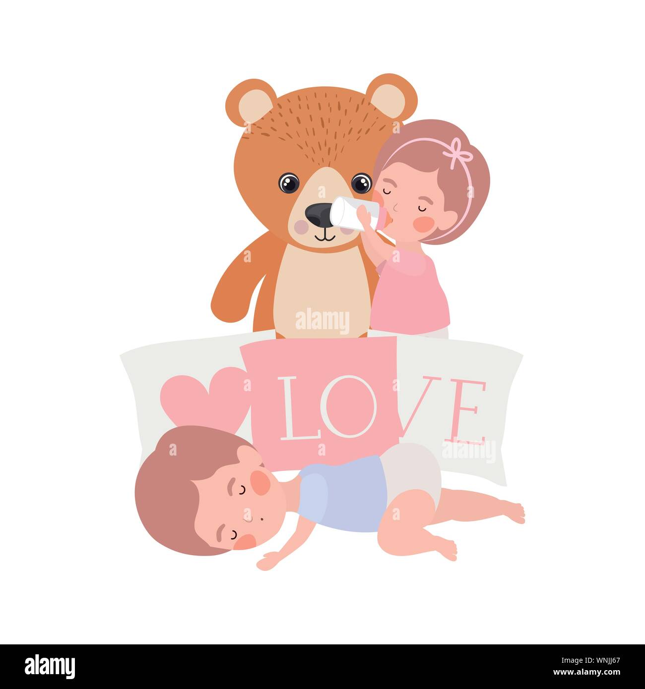 cute little kids babies with bear teddy and pillows characters Stock ...
