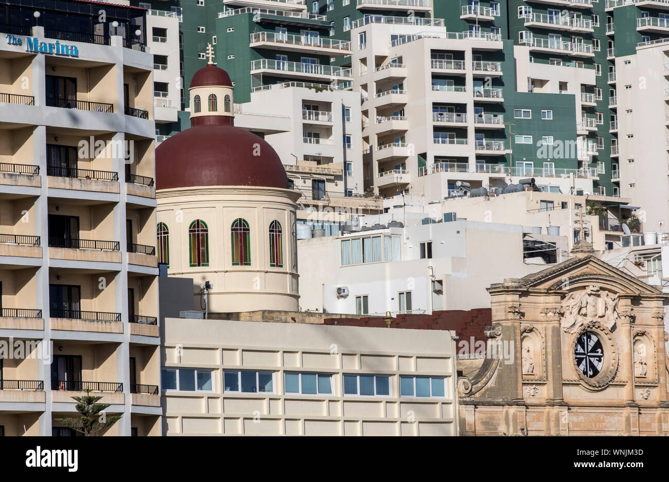 Malta, Sliema, modern district, many skyscrapers, church in sea facades ...