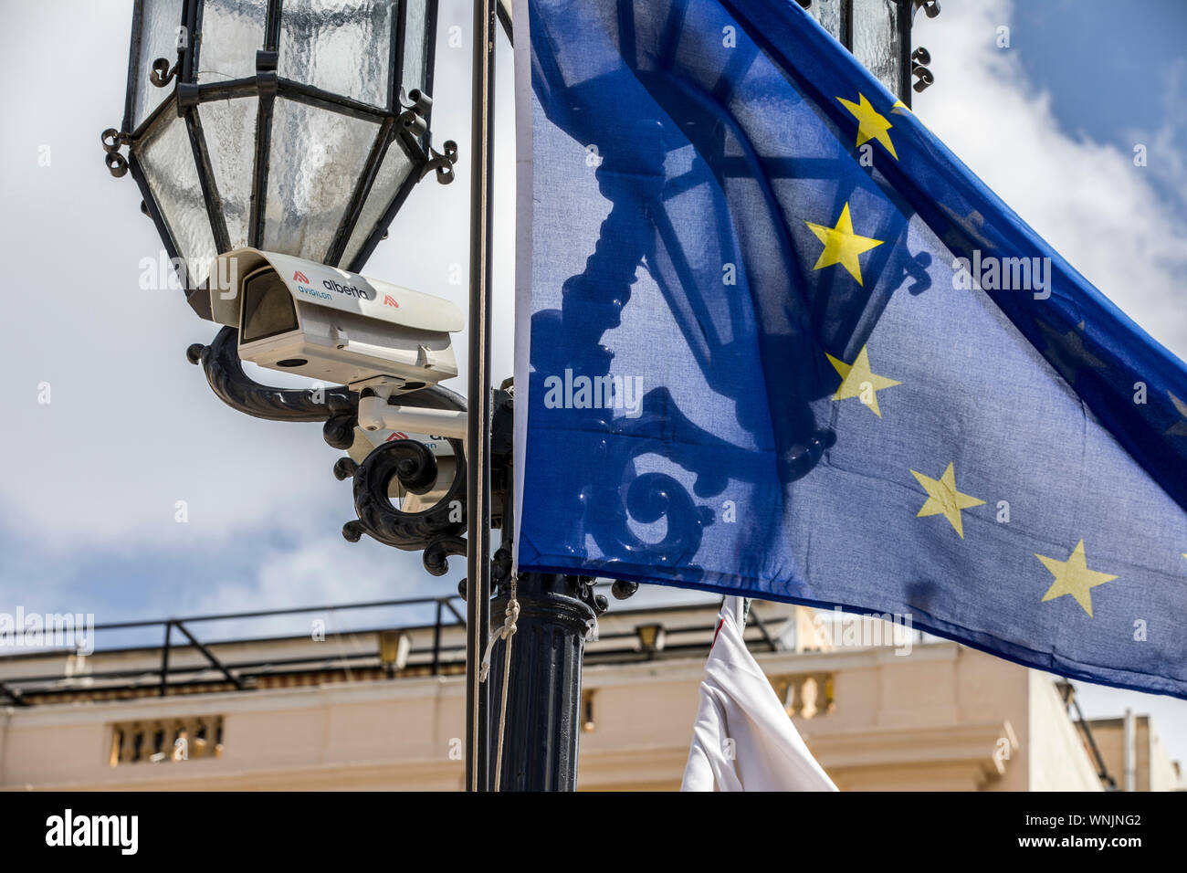 Surveillance camera, Presidential Palace of Valetta, Malta, EU flag ...