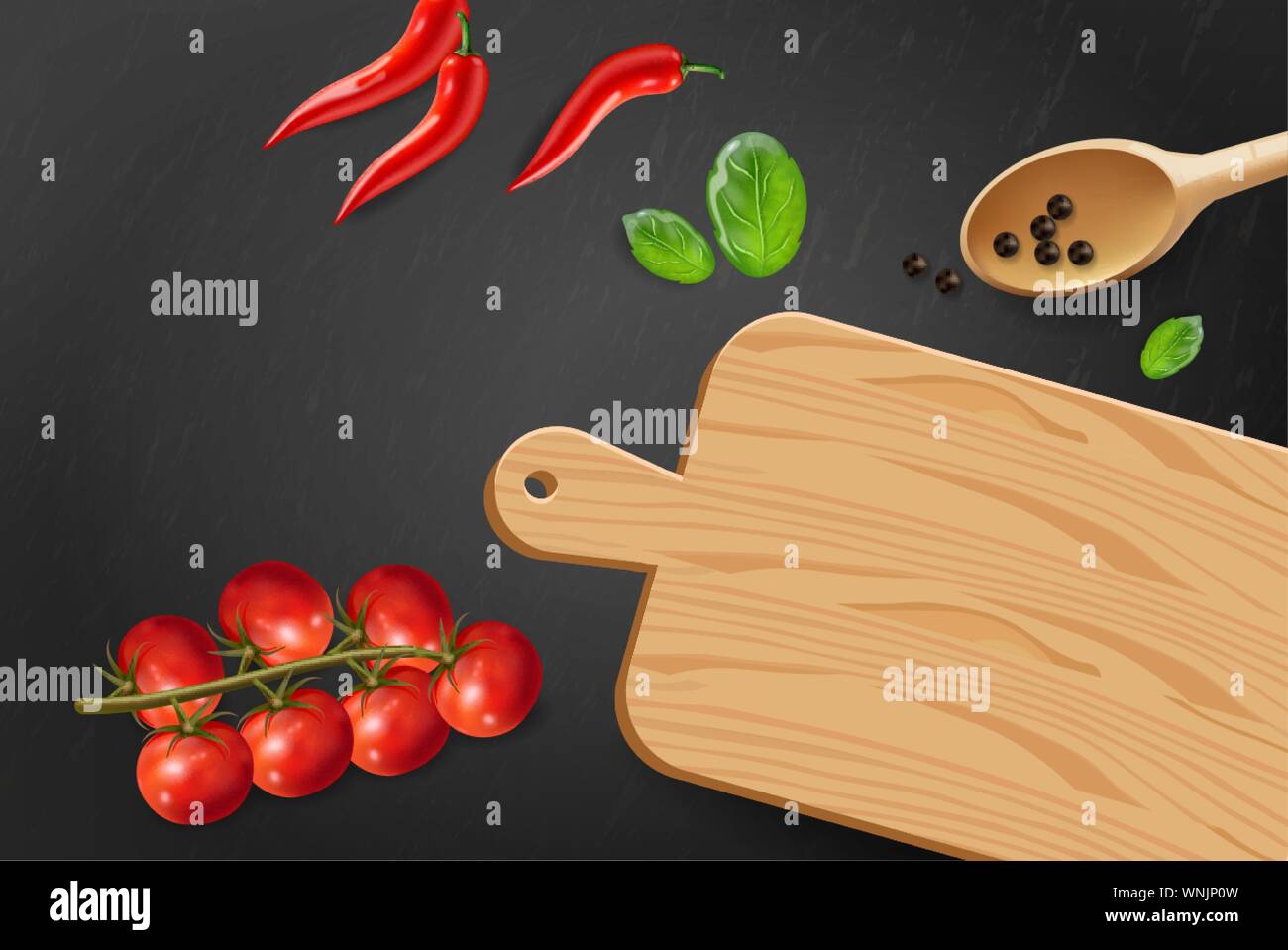 Cherry tomatoes and basil Vector realistic. Top view cooking ...