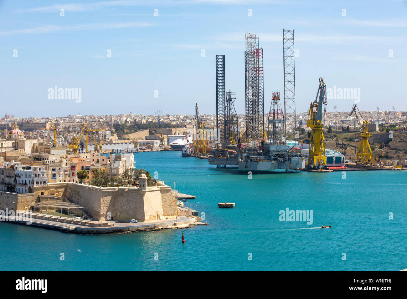 Malta, Grand Harbour, port with shipyards, docks, workshops for ships ...