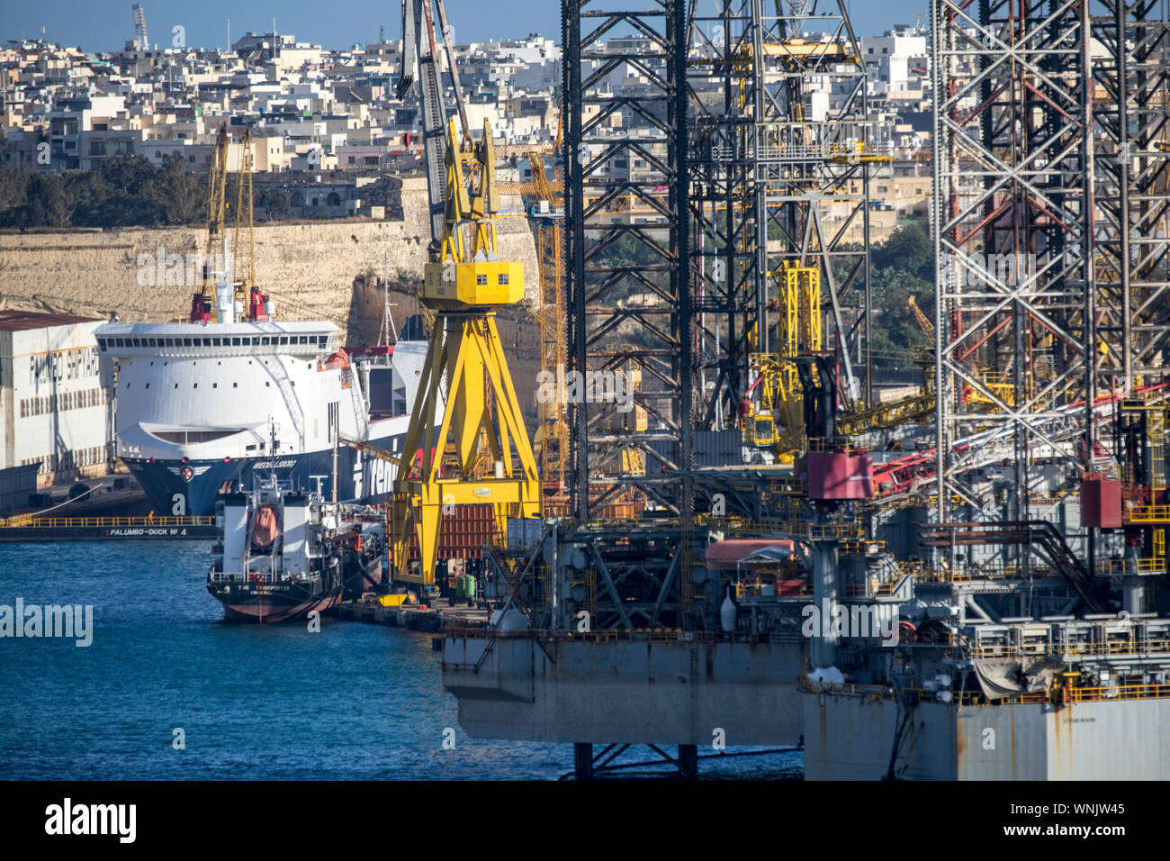 Malta, Grand Harbour, port with shipyards, docks, workshops for ships ...
