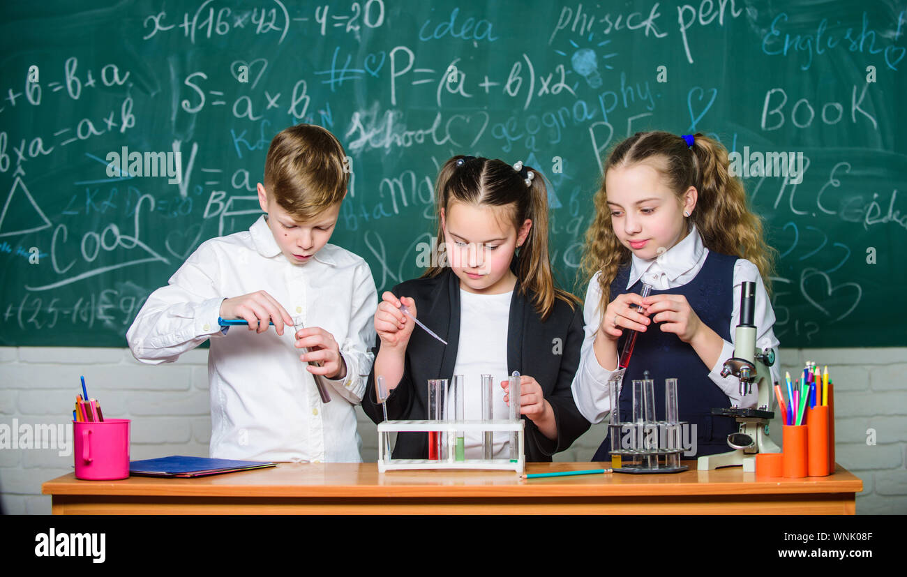 School laboratory. Group school pupils study chemical liquids. Test ...