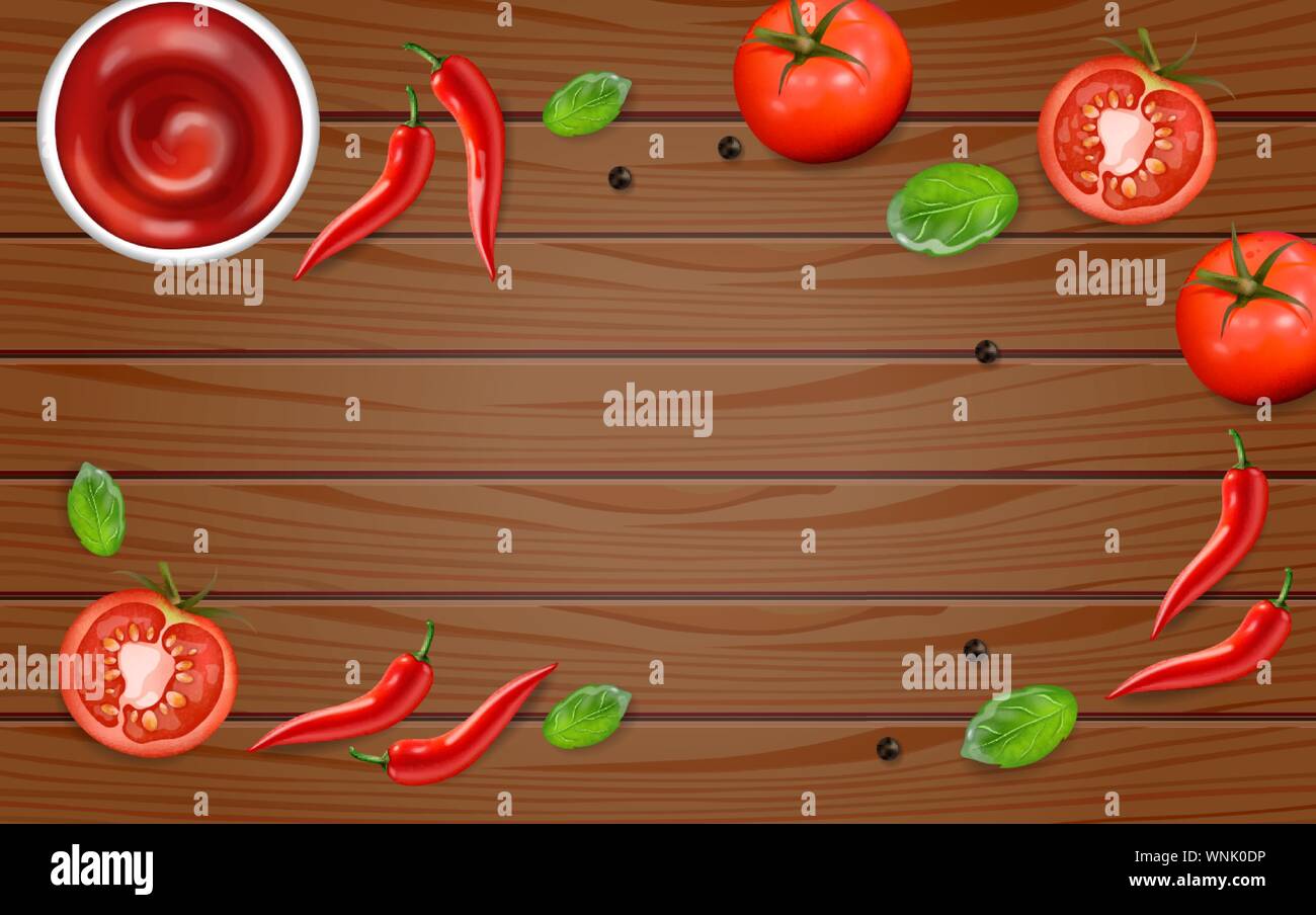 Chili and tomato on wood table Vector realistic. Hot sauce ingredients ...